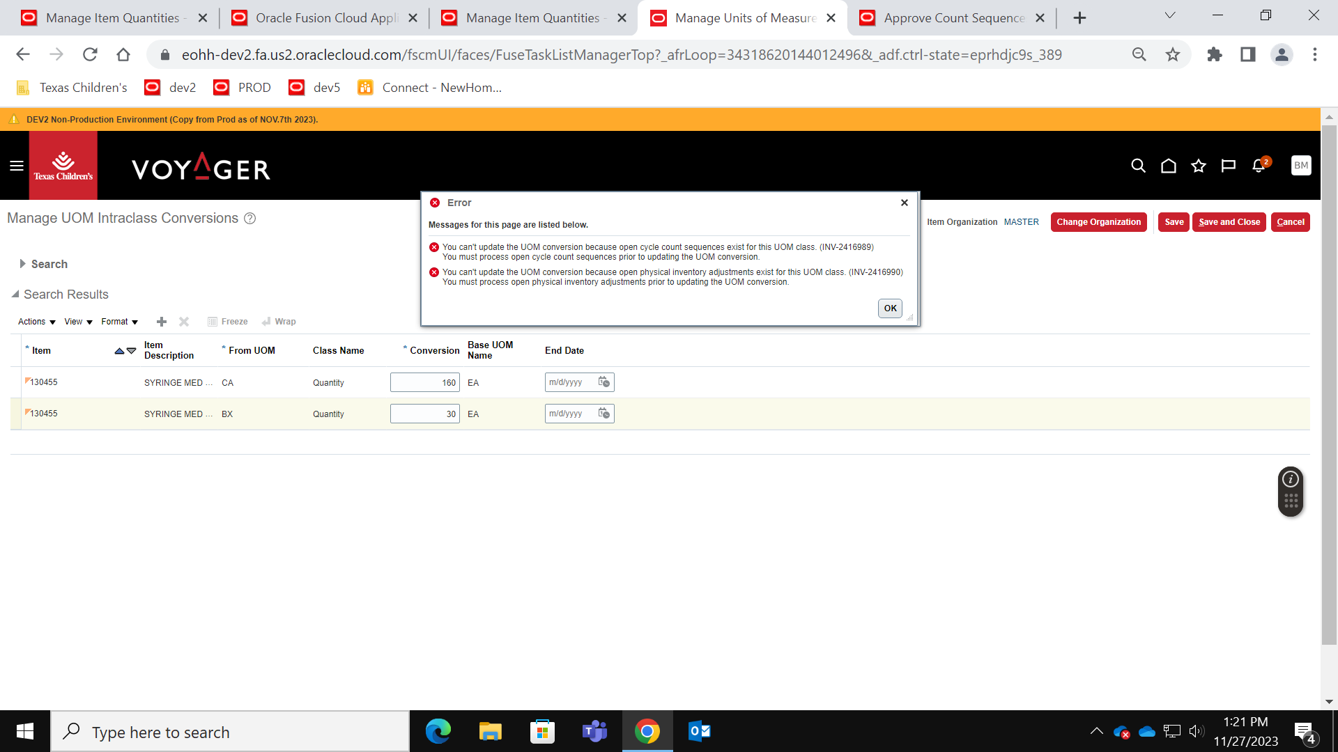 Can't update UOM due to open cycle count sequence exists and open physical inventory adjustment ...