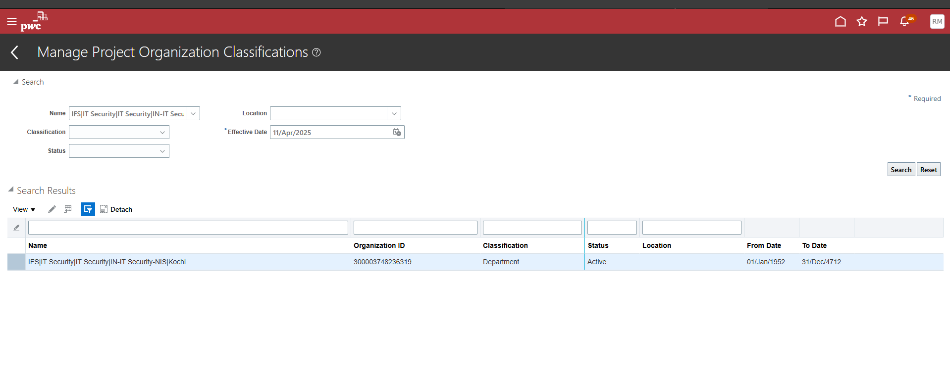 Need to enable Project organization active in Project classifications ...