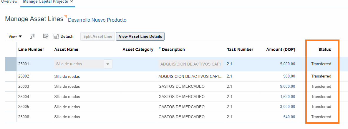 How to change Asset line status transferred to pending in asset project ...
