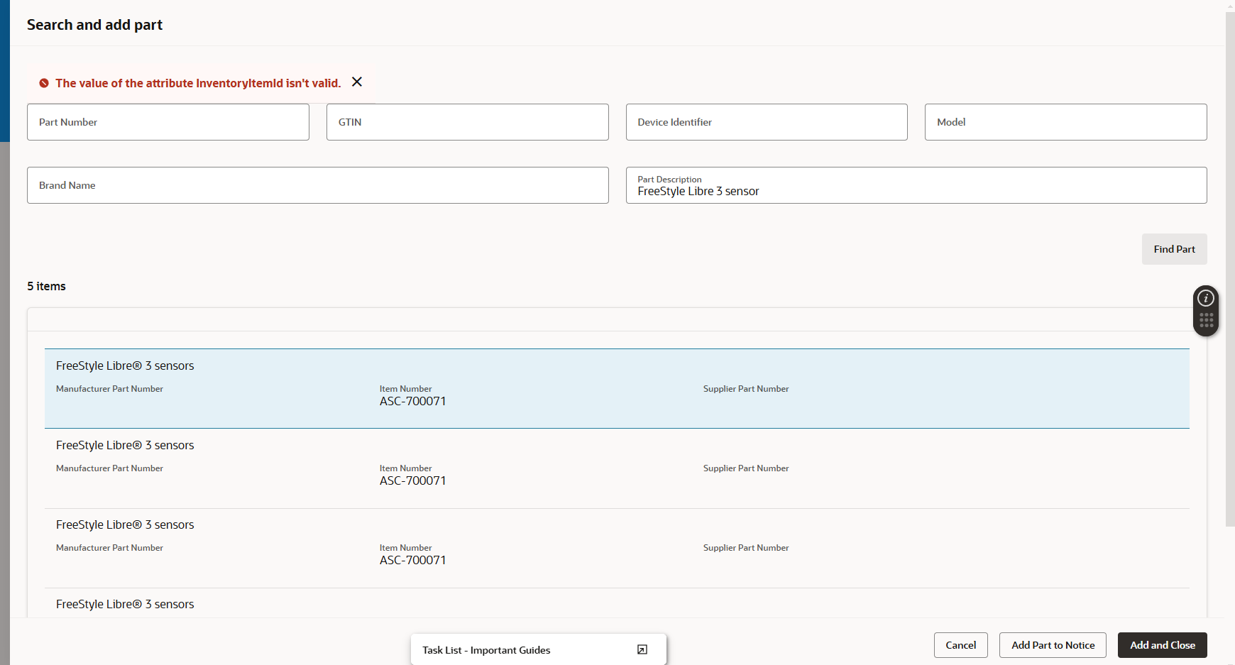 Error When Adding Parts To Recall Notice The Value Of The Attribute Inventoryitemid Isnt Valid