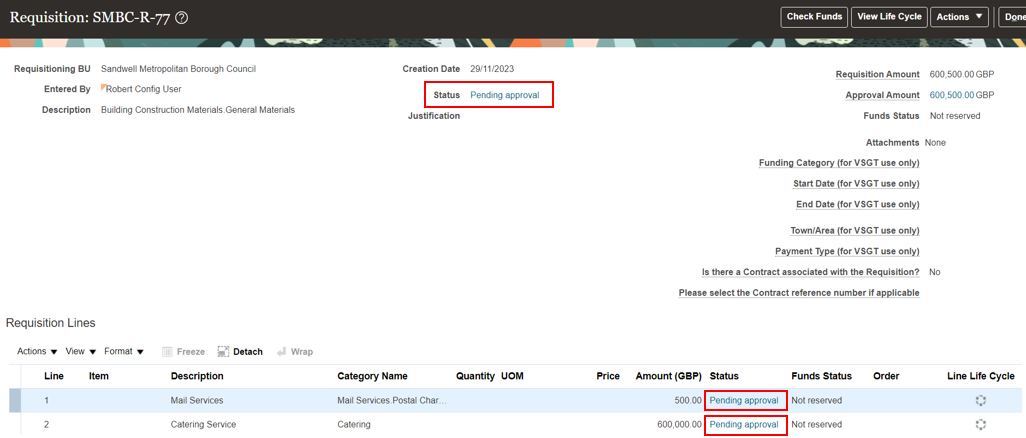 Requisition line status is in 'Pending approval' even after approval — Cloud Customer Connect