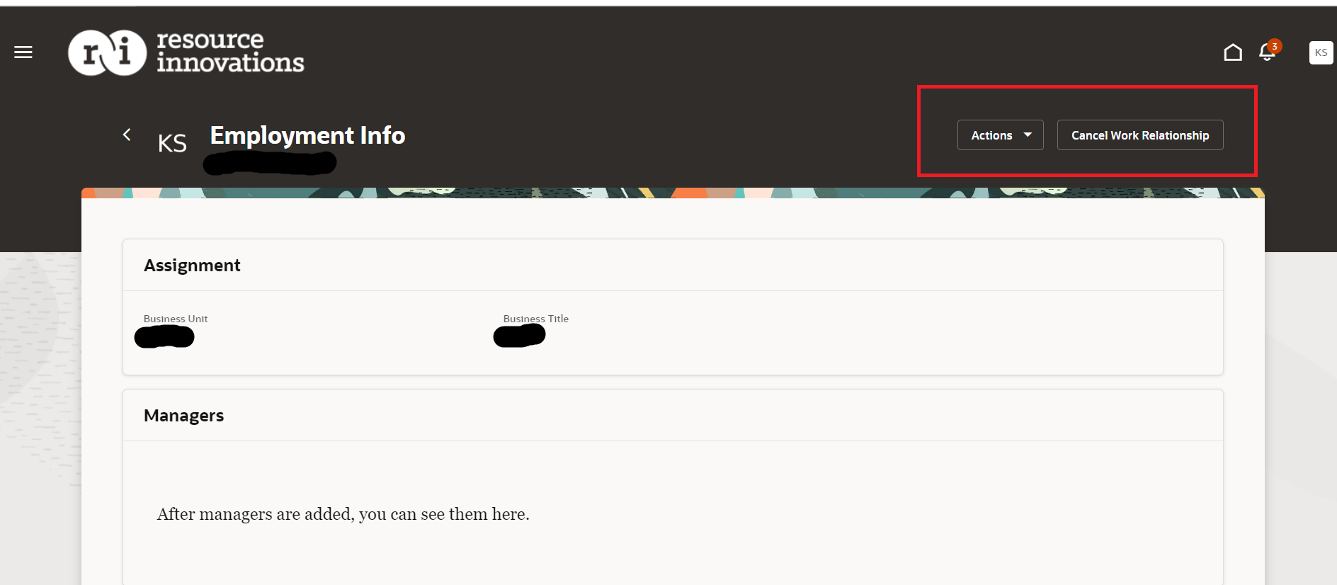 How to hide Actions button in Employment info page — Cloud Customer Connect