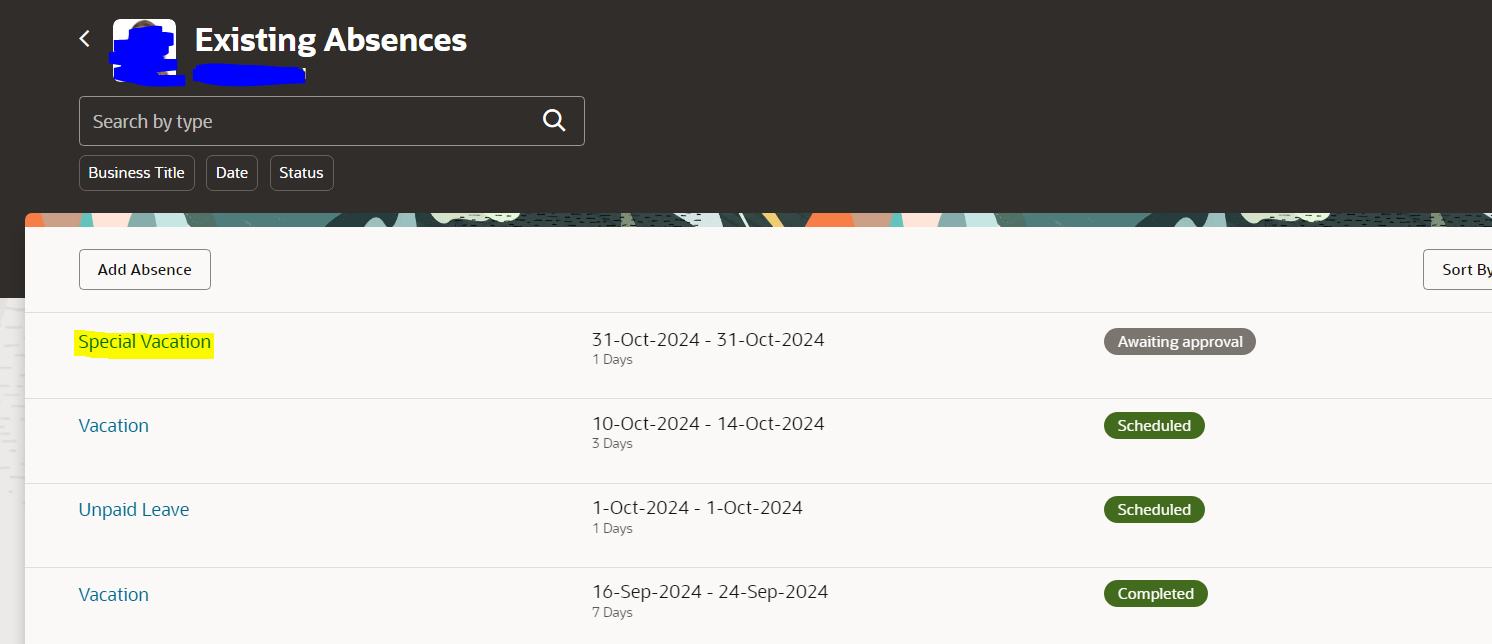 Redwood Existing Absence Page for Line Manager — Cloud Customer Connect