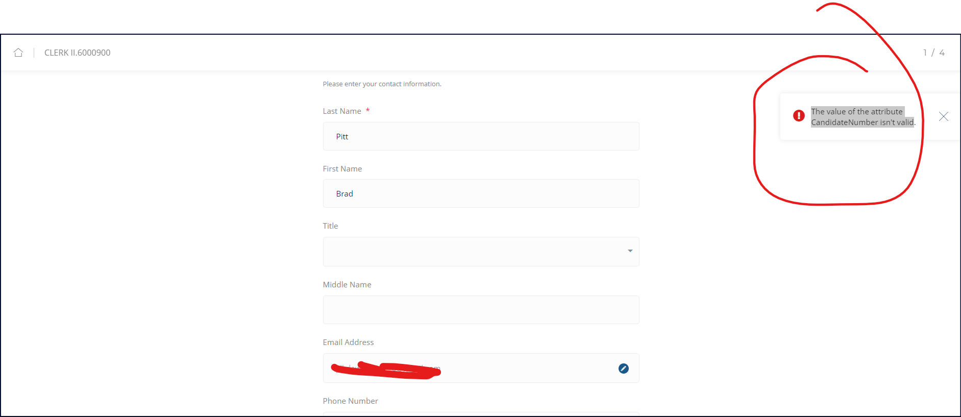 The value of the attribute CandidateNumber isn't valid — Cloud Customer Connect