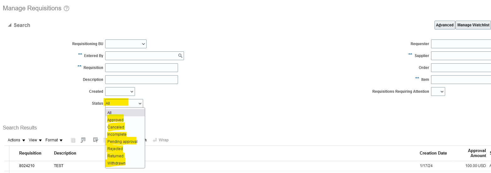 Is it possible to add a custom status on the Purchase Requisition status field? i.e. RFPS, PSA ...