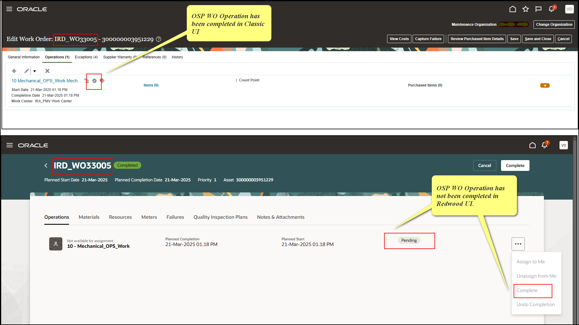 Issue with OSP Work Order Operation Status in My Maintenance Work Redwood Screen — Cloud ...