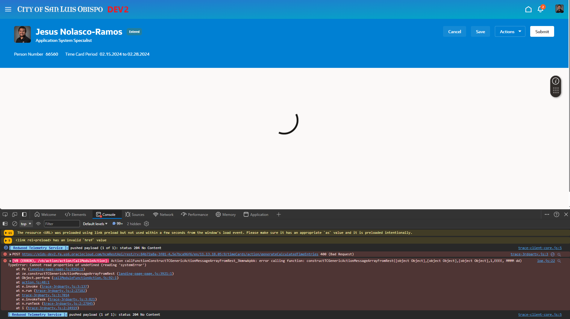 Redwood Timecard Error — Cloud Customer Connect