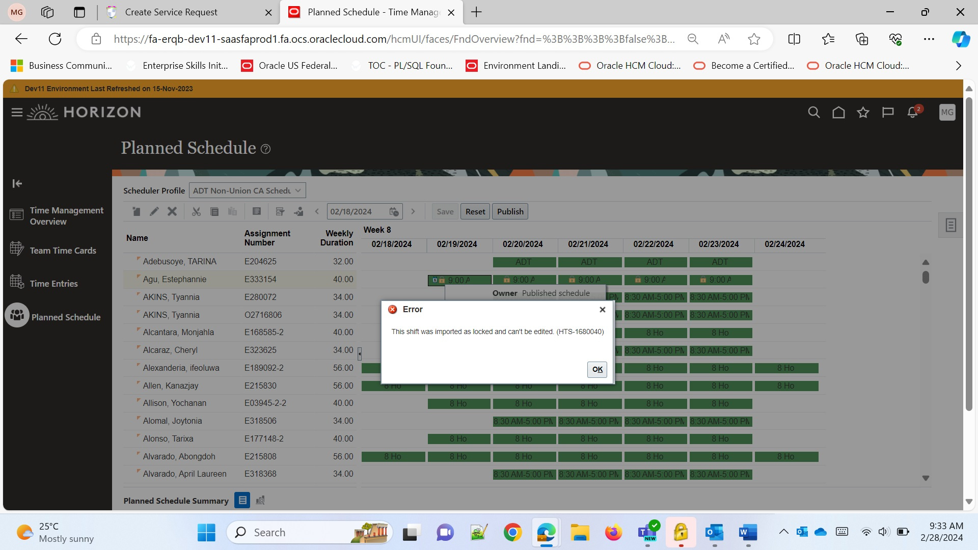 Planned Schedule Request HDL is read only and able to edit from UI — Cloud Customer Connect
