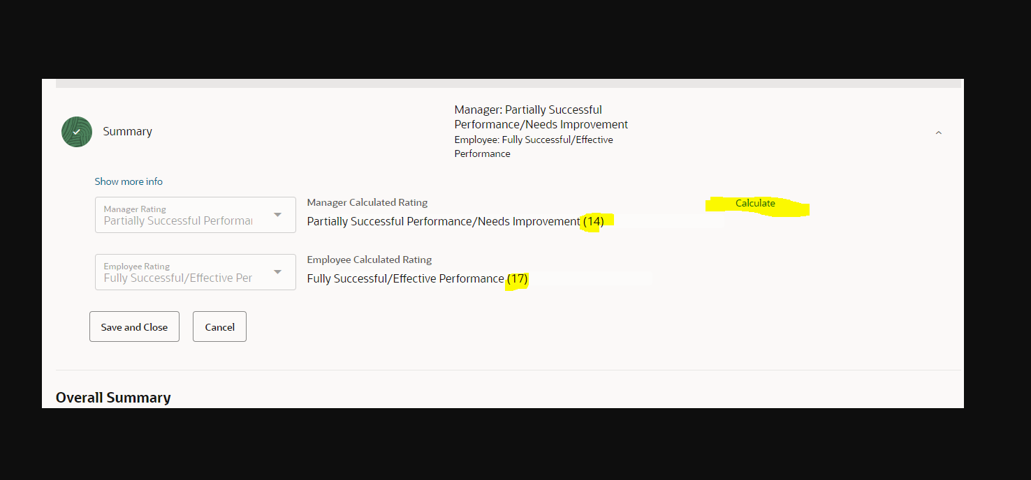 Redwood Hide Numeric Rating And Calculate Option For Employee And Manager In Performance