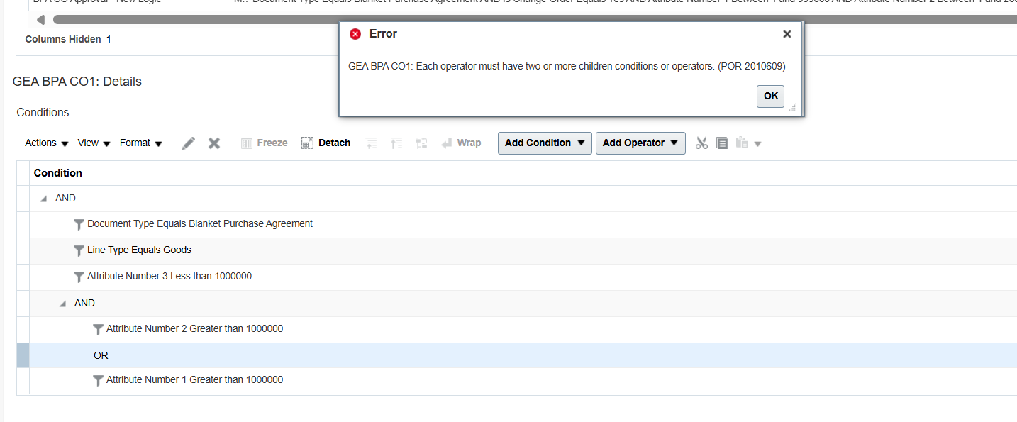 Approval Rule Error -Each operator must have two or more children ...