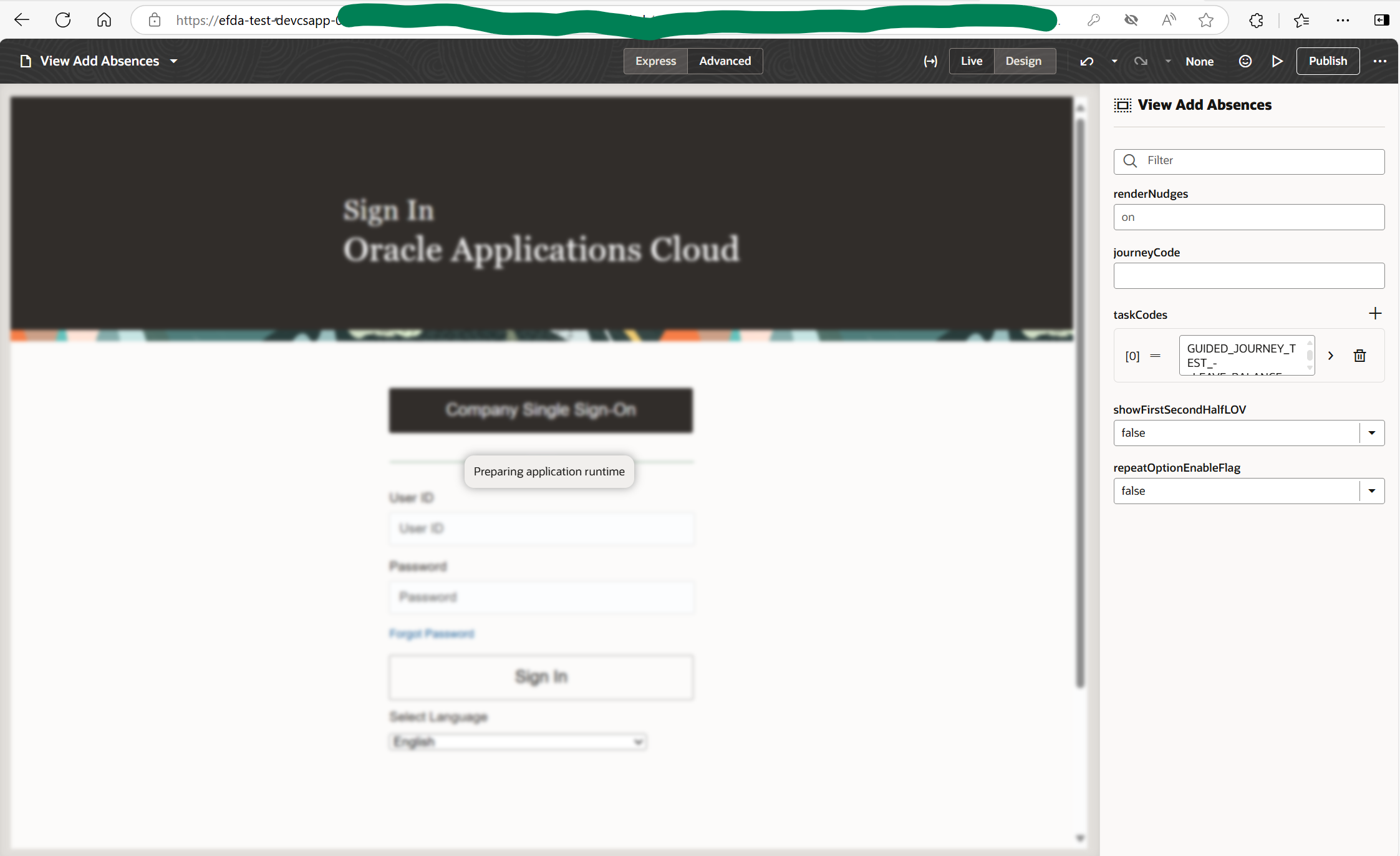 Edit page in Visual Builder Studio preview window displaying login screen — Cloud Customer Connect
