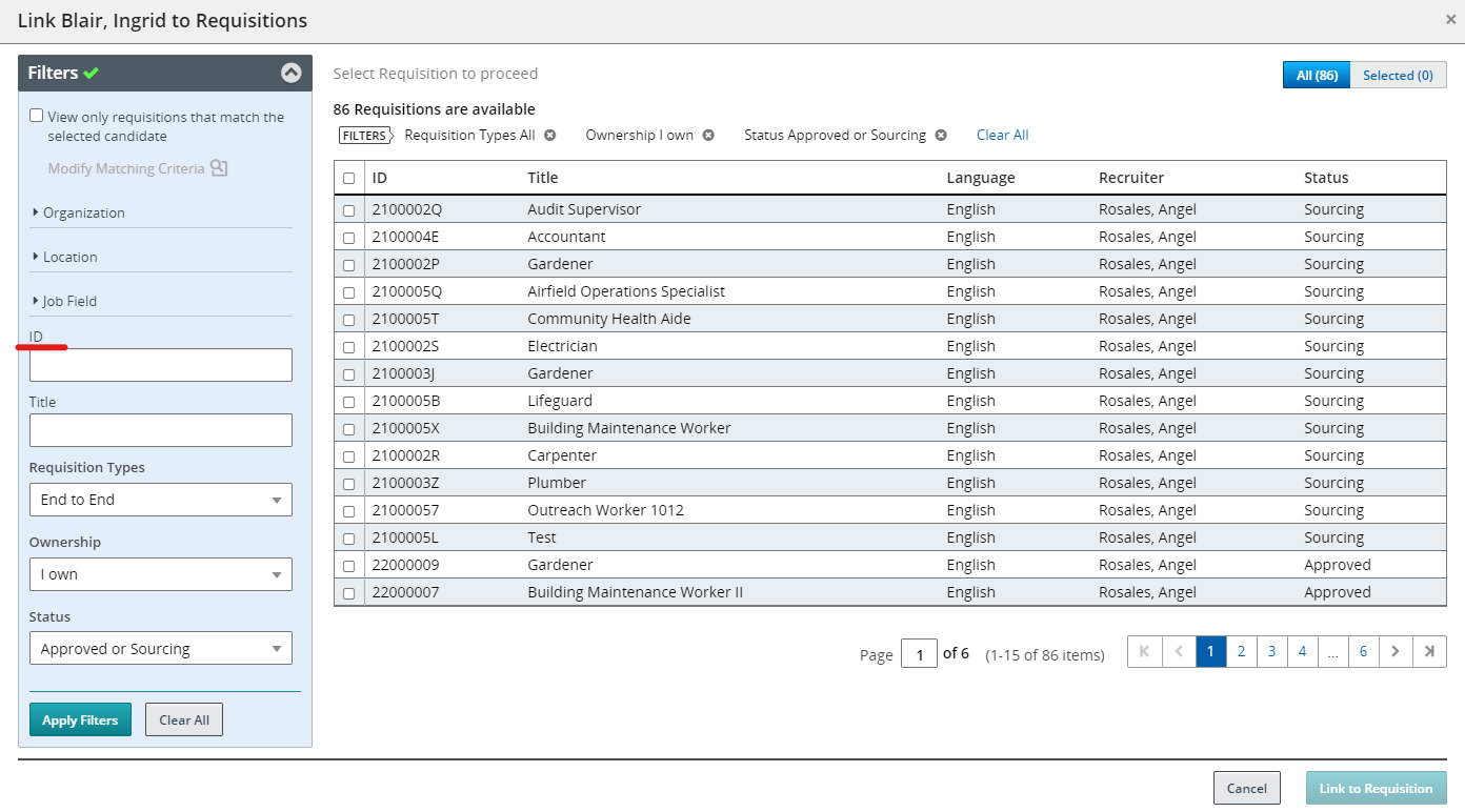 Change the default filter when linking a candidate in a Requisition — Cloud Customer Connect
