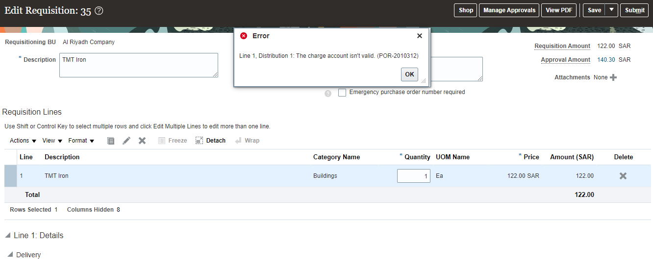 Error Line 1 Distribution 1 The Charge Account Isnt Valid Por 2010312 While Creating