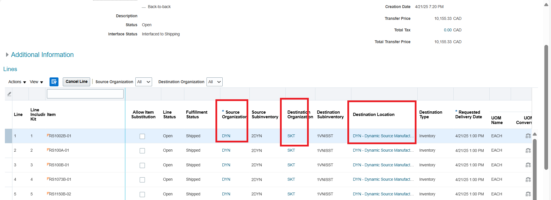 Can we update or delete destination location on a transfer order whose ...