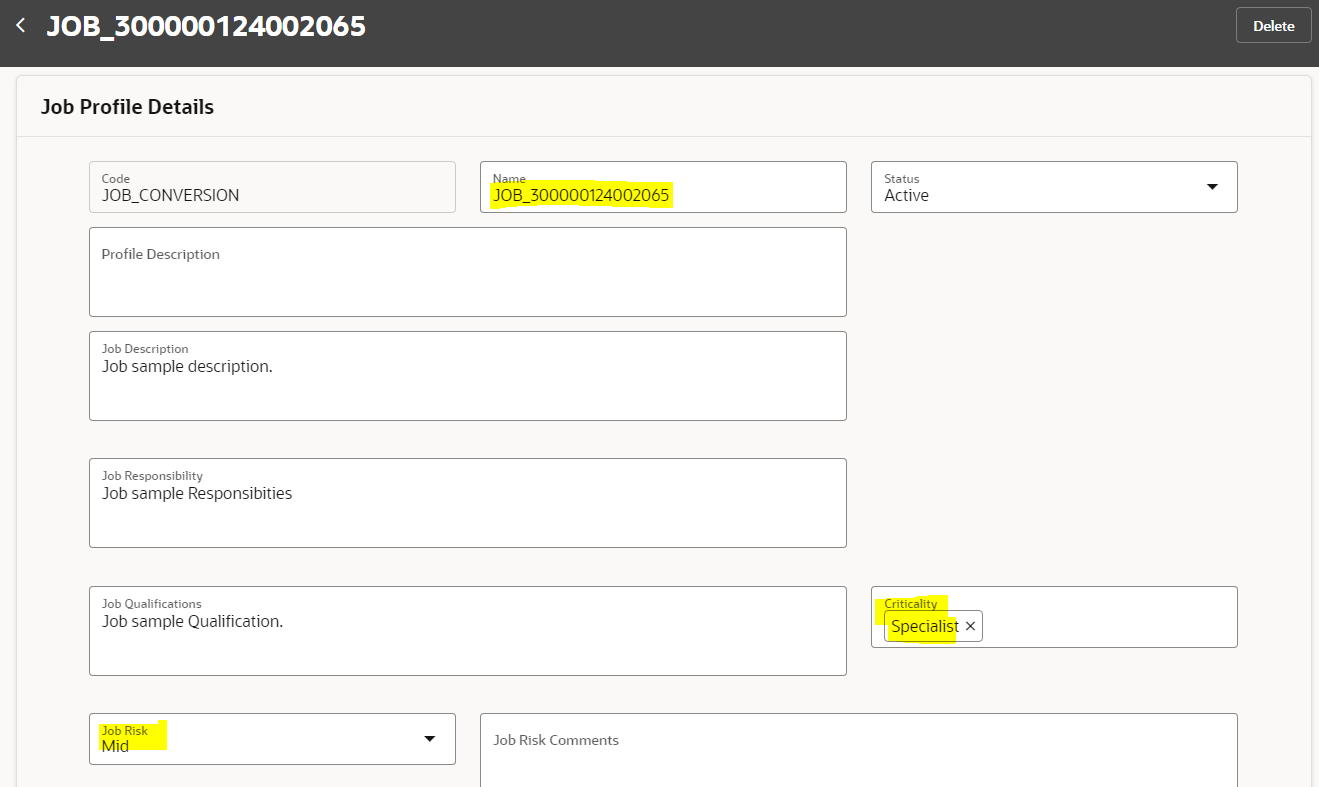 Attributes To Load Name Risk And Criticality Via Talent Profile Of Type Job Through Hdl Data