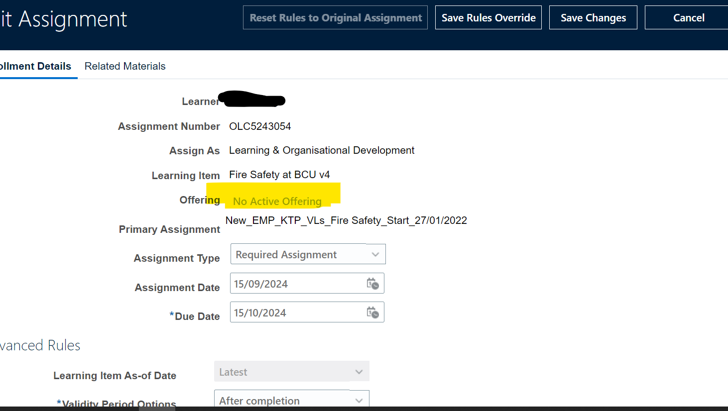 Unable to edit learning assignment to add learner to offering — Cloud Customer Connect