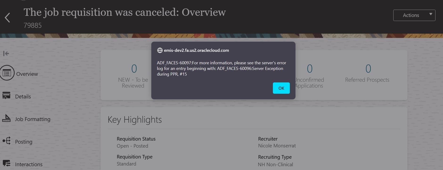 Facing Adf Faces Popup While Trying To Access The Actions In Requisition — Cloud Customer Connect