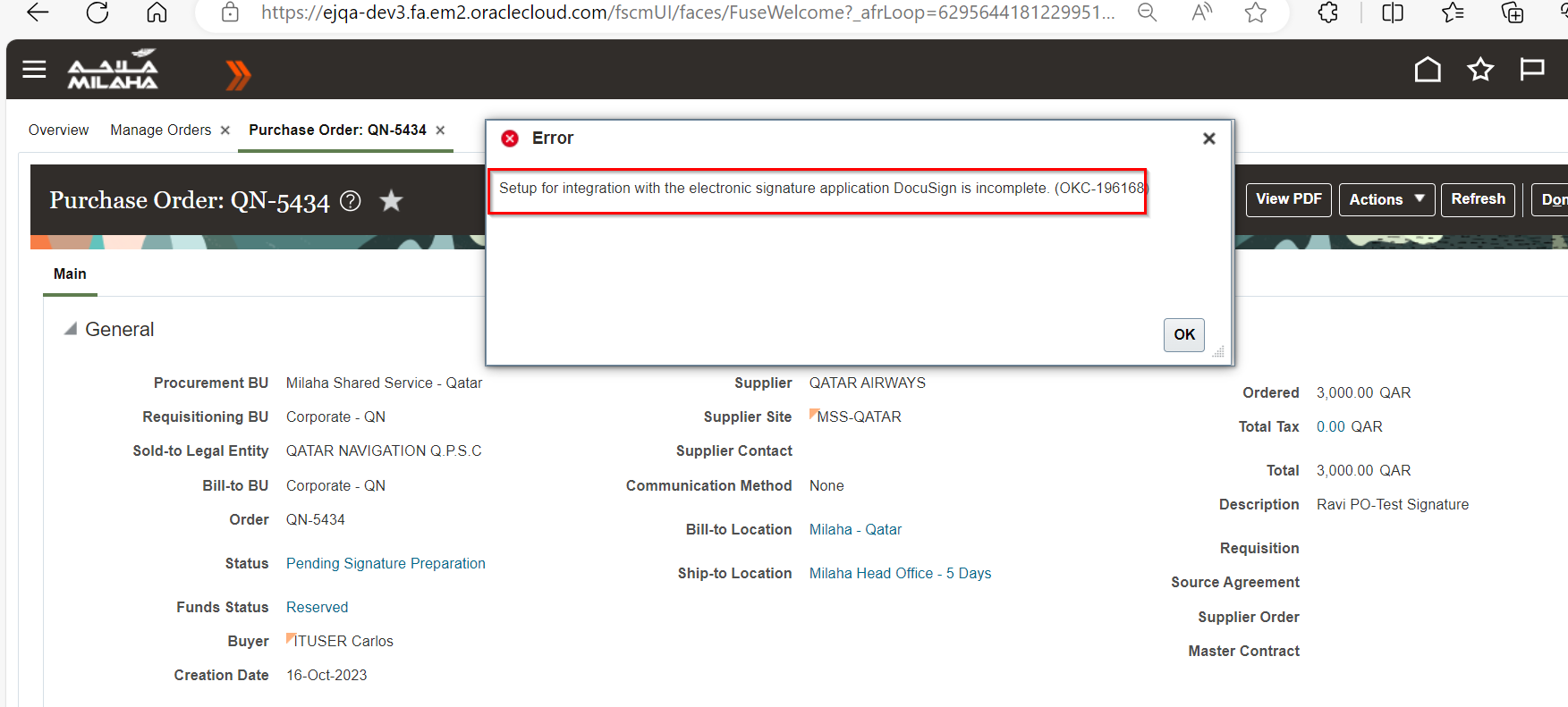 Docusign Error for purchase orders(POs preparing for signature) — Cloud ...