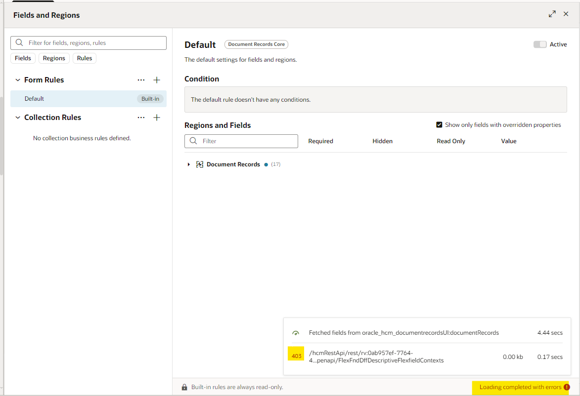 Loading completed with errors 403 for Document of Records flexfields — Cloud Customer Connect