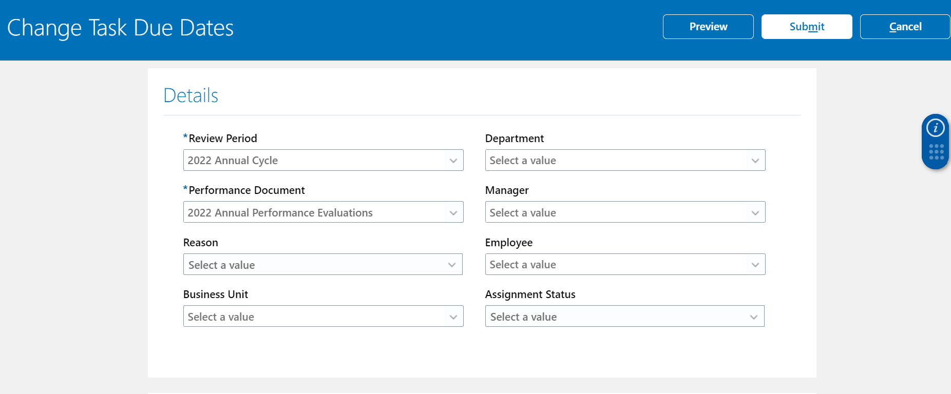 Can the due dates tasks in Performance Docs be changed in Mass by ...