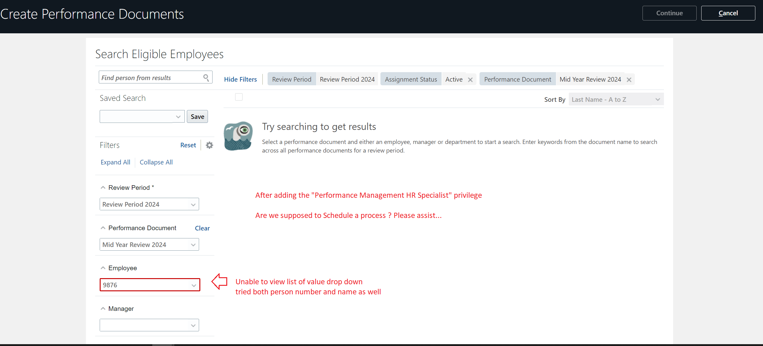 Unable To Search Employee Performance Document From Custom Hr Login — Cloud Customer Connect