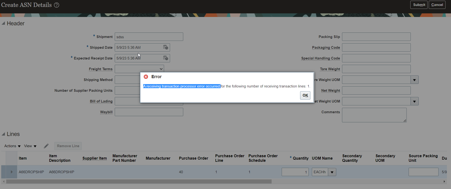 A Receiving Transaction Processor Error Occurred While Creating An Asn