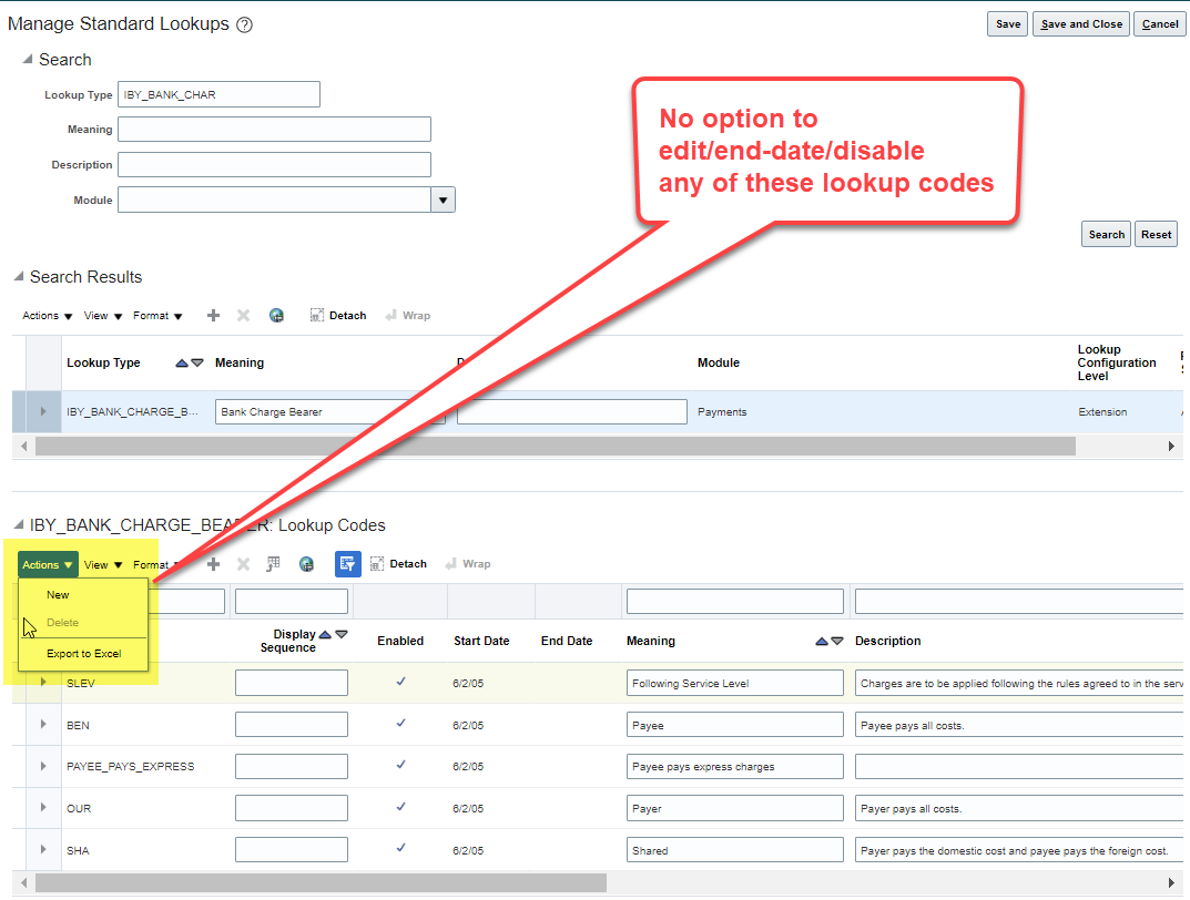 How to disable Bank Charge Bearer Code that we do not want as per our ...