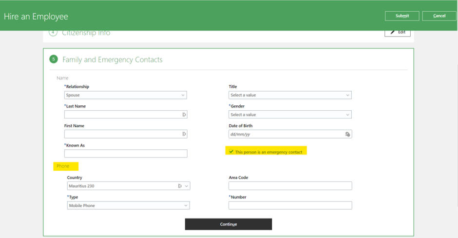 Can Phone sub section under emergency contact section on Hire an Screen ...