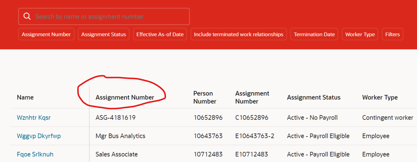 People Search Results Page In Redwood Showing Business Title As Assignment Number — Cloud
