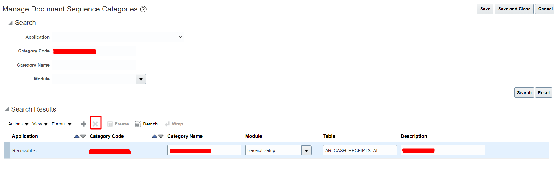 I can't delete lines from the Manage Document Sequence Categories setup ...