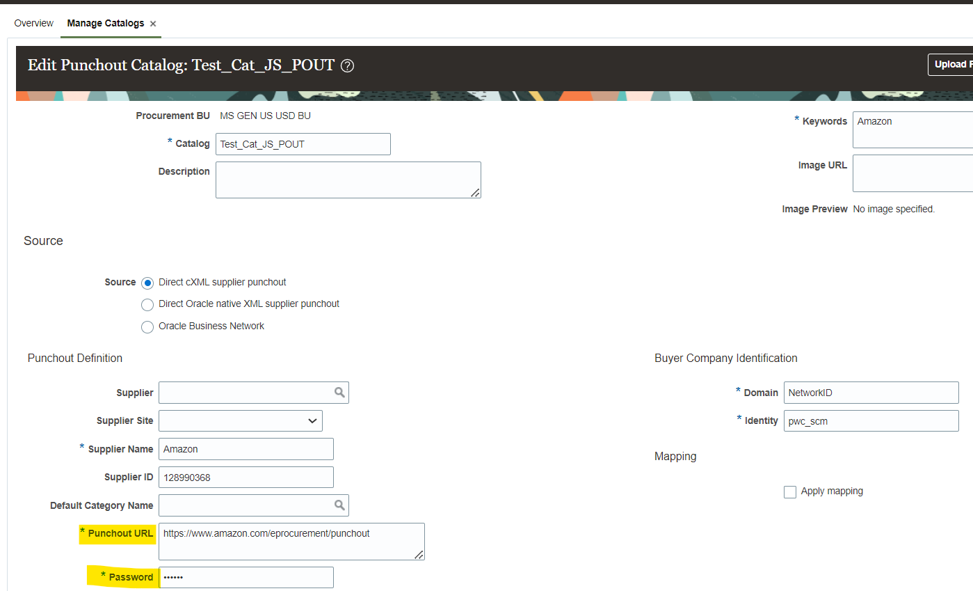 Oracle Procurement Punchout Definition table — Cloud Customer Connect