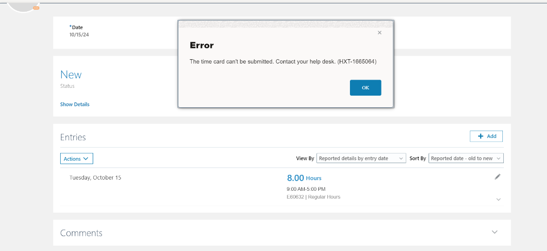 The Time Card Cant Be Submitted Contact Your Help Desk Hxt 1665064 — Cloud Customer Connect