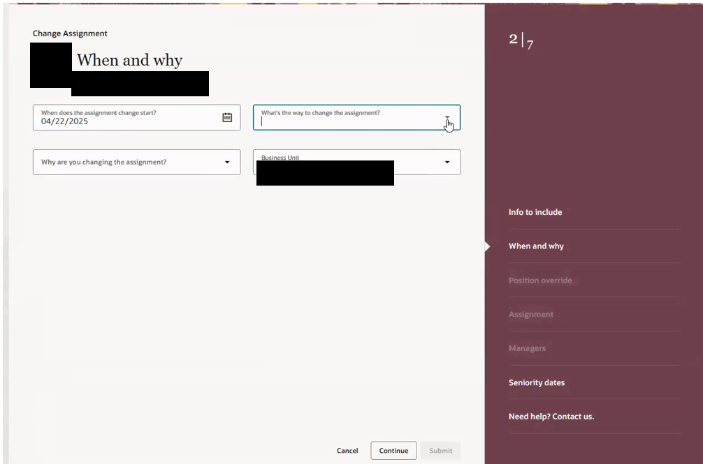 Change assignment does not auto populate the LOVs in when and why section - What's the way to ...