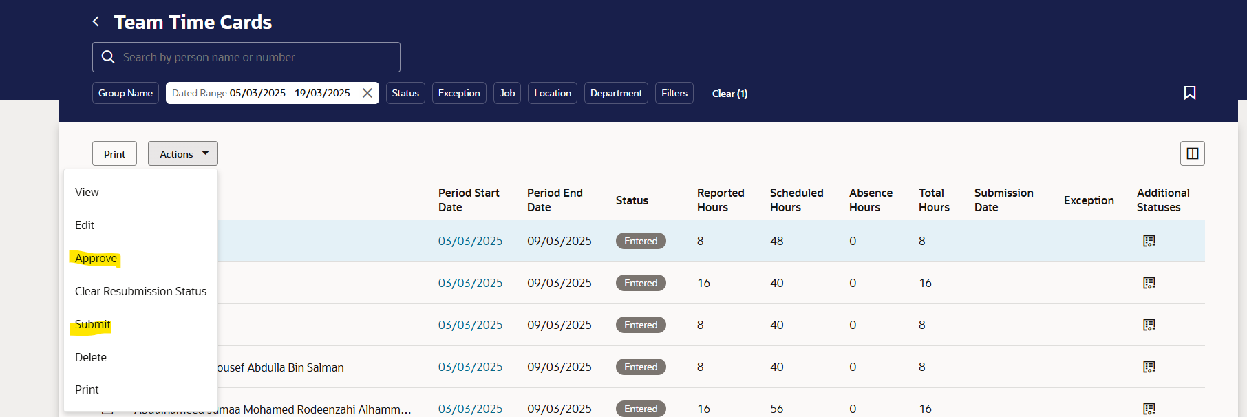 How To Hide Submit Approve Action Item On Redwood Team Timecard Page — Cloud Customer Connect