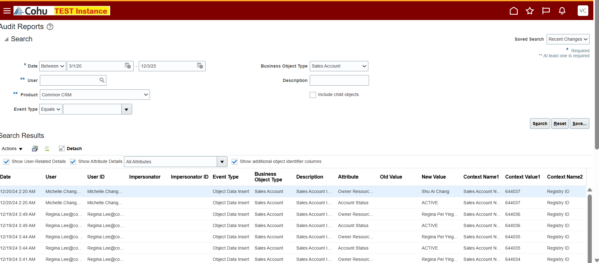 Audit table details for the Sales Business Object details in Oracle fusion — Cloud Customer Connect