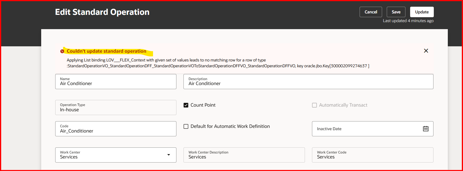 Error while updating the standard maintenance operations in Redwood UI ...