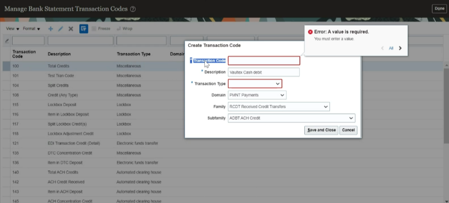 "Manage Bank Statement Transaction Codes" changing mandatory fields as ...