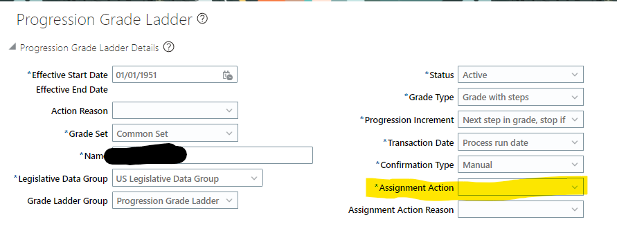 Action Names driving the LOVs in Progression Grade Ladder definition ...