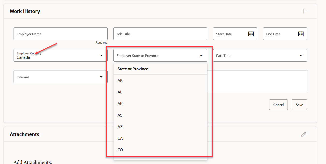 Work History - State LOV — Cloud Customer Connect