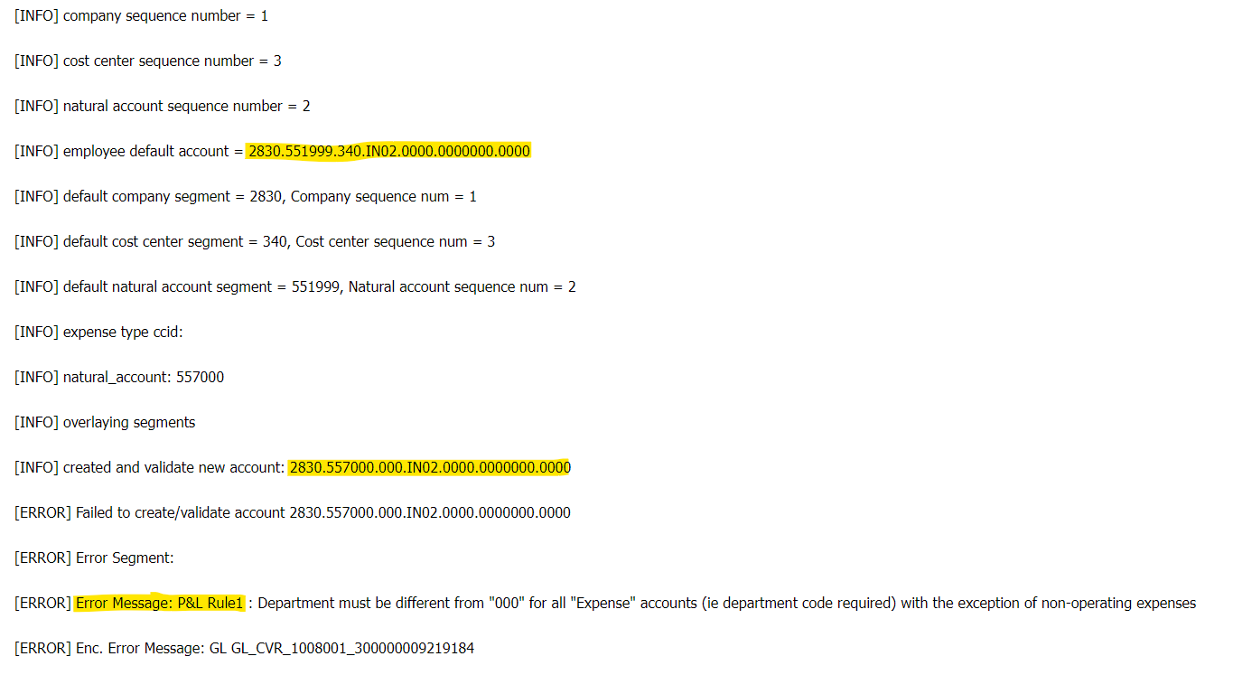 Expense error: invalid code combination — Cloud Customer Connect