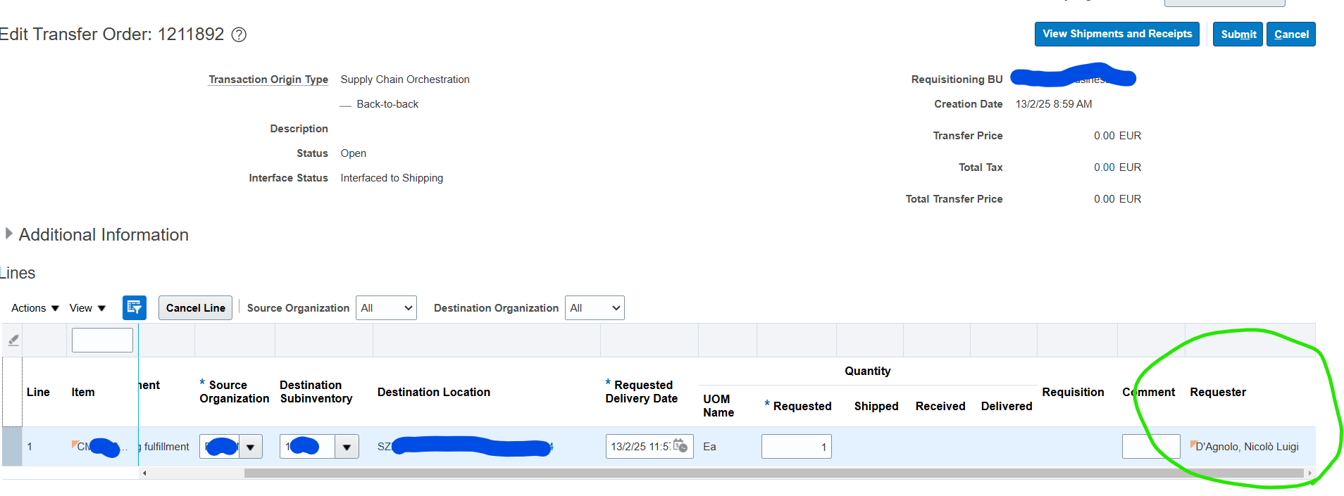 How to change Customer name in a Shipment originated from Transfer Order - Oracle Fusion Cloud ...