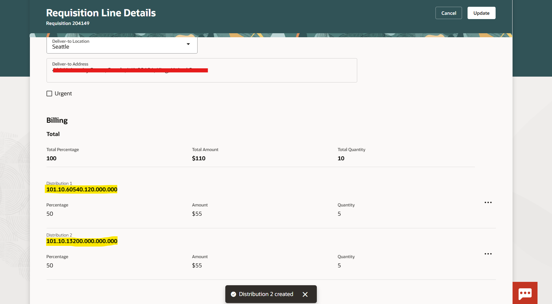 When a requisition line is split, the Distribution 1 is showing charge ...
