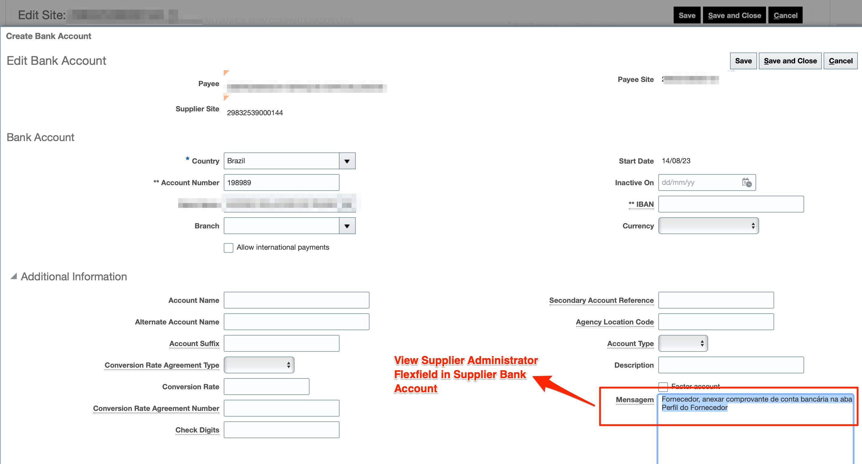 Supplier Bank account Flexfield Supplier portal — Cloud Customer Connect