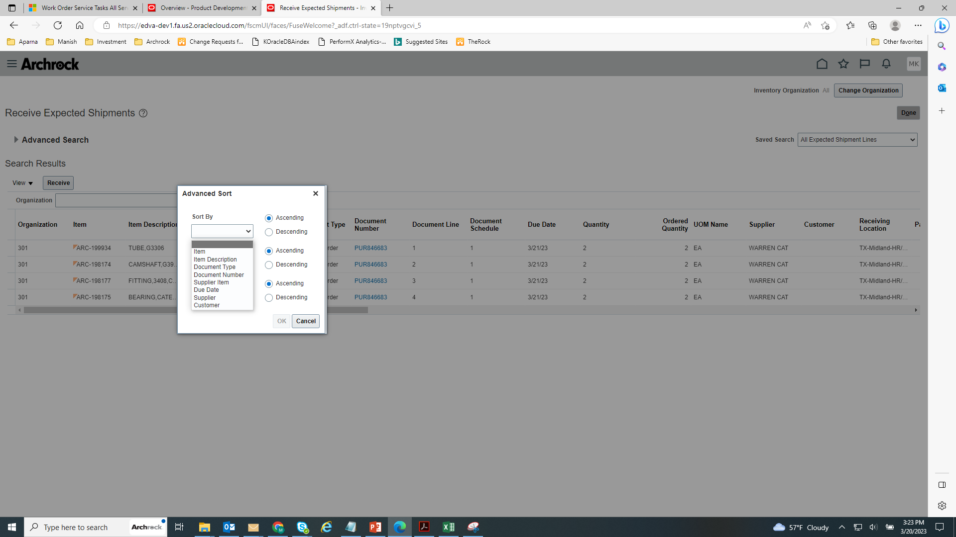 Sorting Option based on Manufacturer Part# is not available in Receive Expected Shipments Screen ...