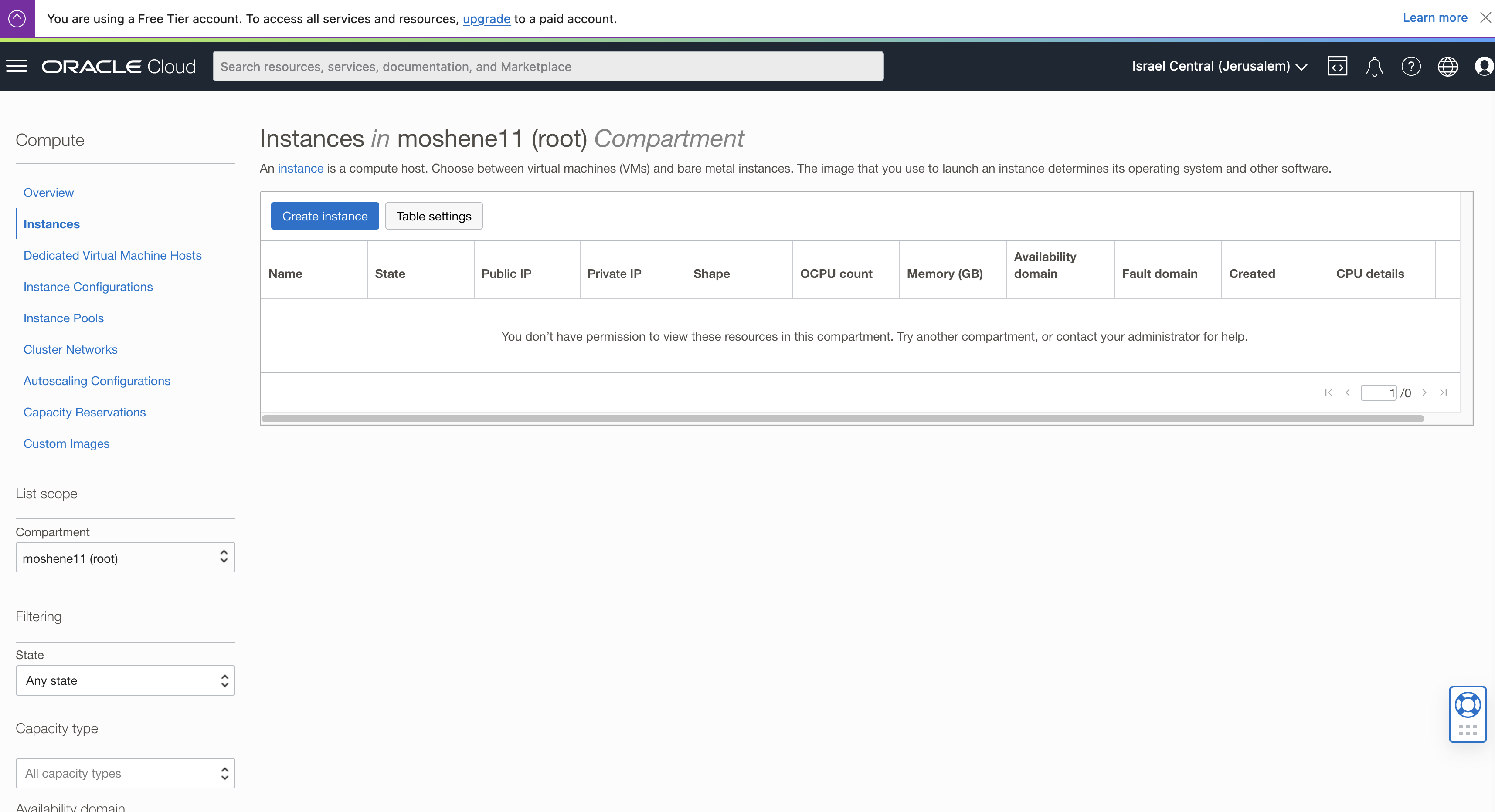 Free tier- Instance doesn't shows, access and permission issues — Cloud Customer Connect