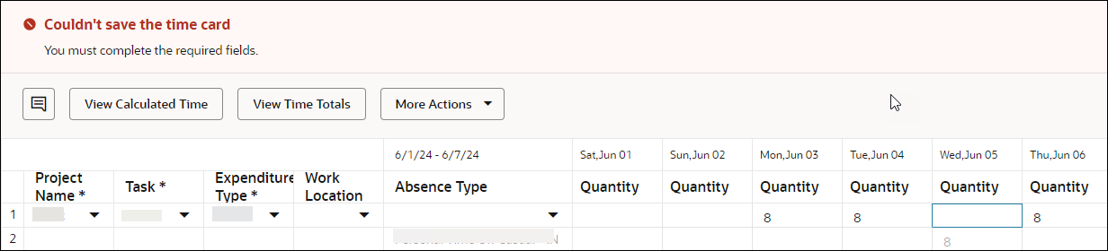 Redwood Timecard With Absence Save Submission Error — Cloud Customer Connect