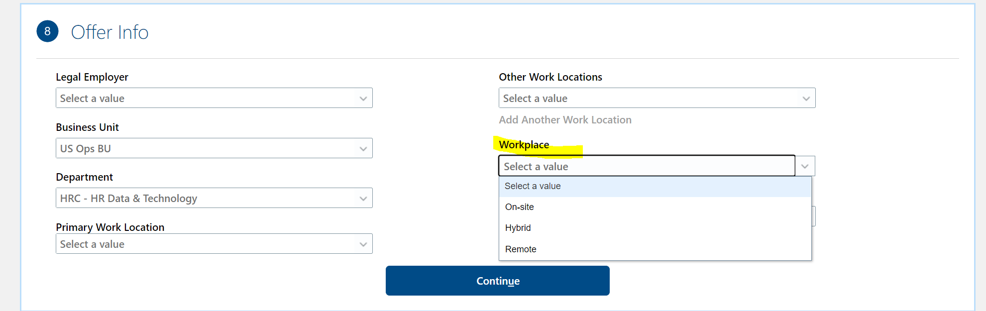 Where does the workplace field from ORC - Offer fields section go into ...