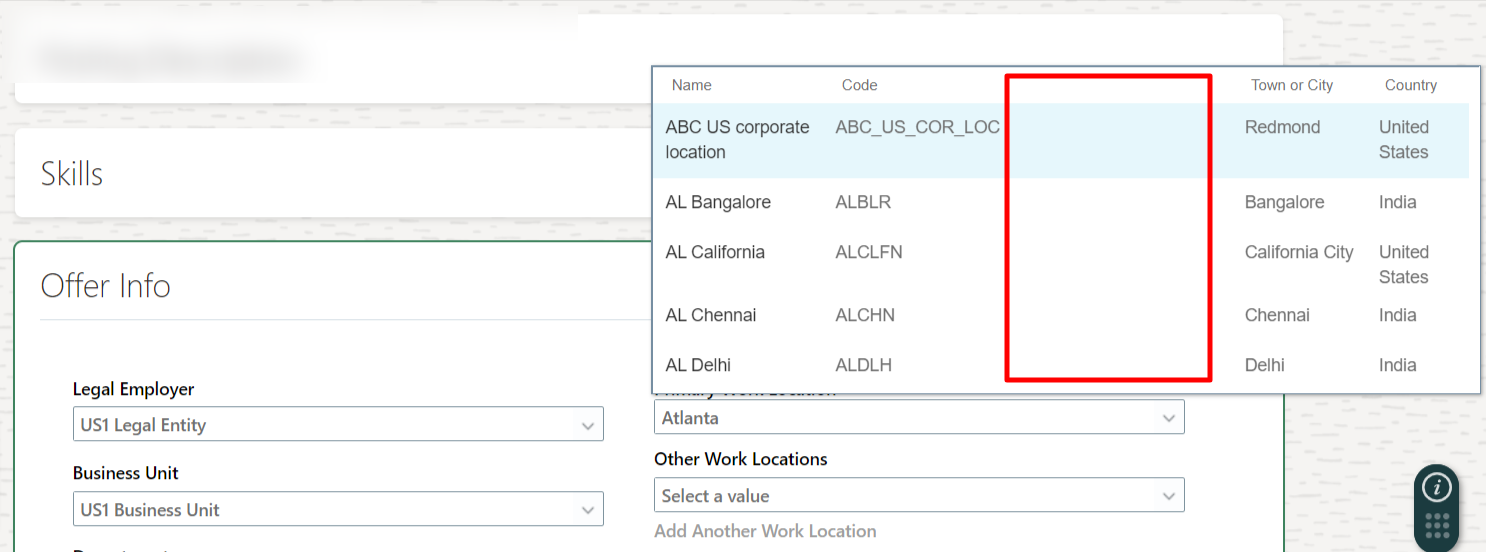 Display Address_Line_1 in the Work Location lov — Cloud Customer Connect