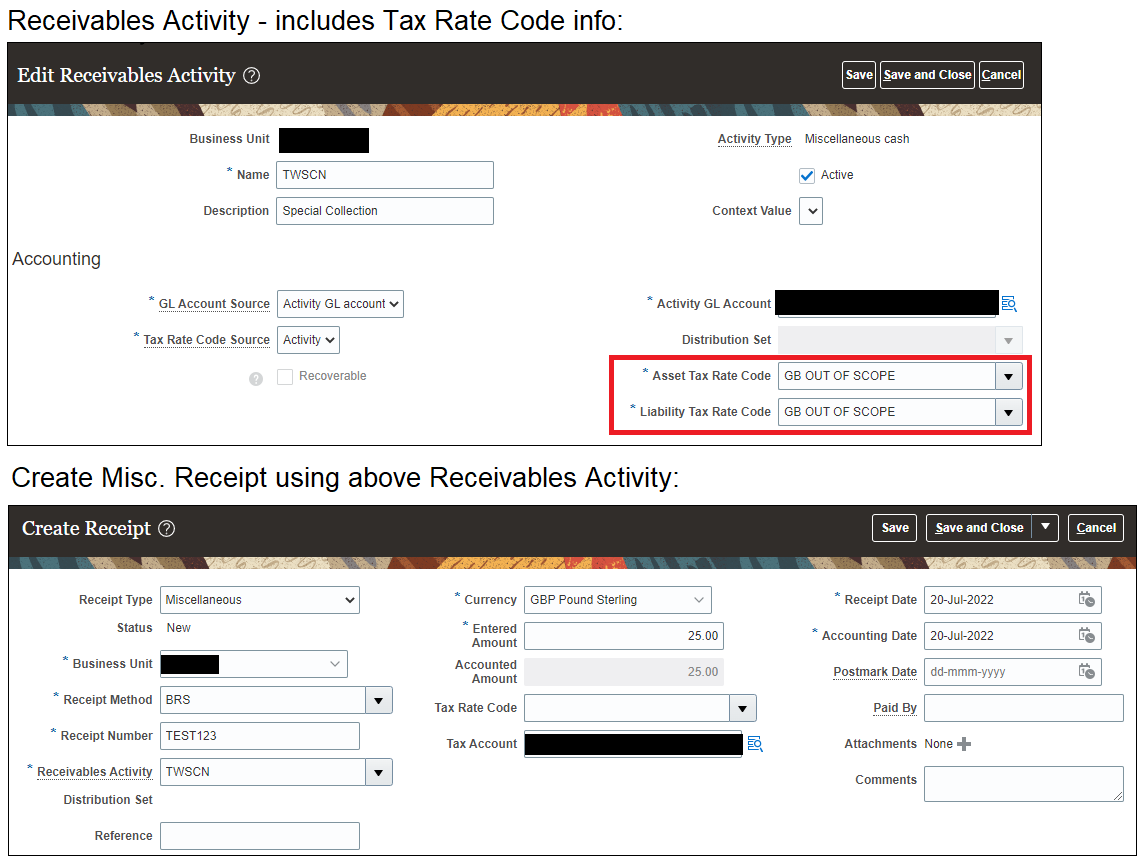 22B > Create AR Miscellaneous Receipt > Tax Rate Code Default from ...