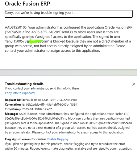 Error during SSO enablement - Error AADSTS50105 — Cloud Customer Connect